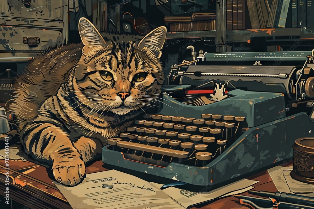 mischievous tabby cat curls up beside a typewriter in a cluttered ...