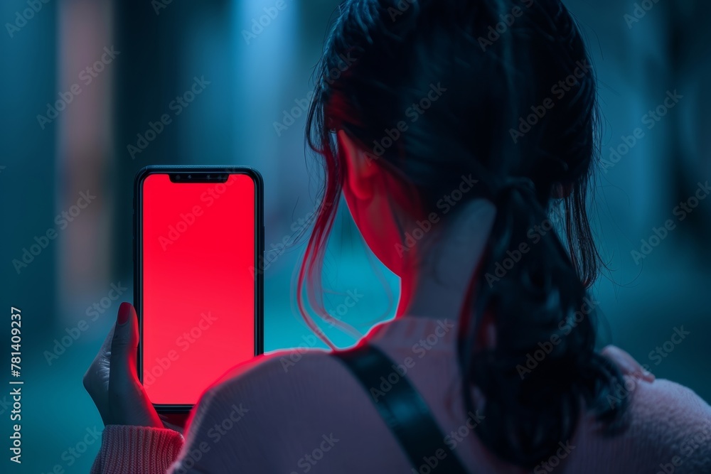 Ui mockup through a shoulder view of a girl holding an smartphone with ...