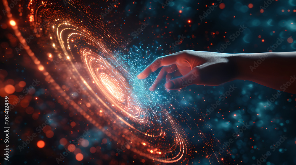 hand fingers touch a spinning vortex hologram display of light and data ...