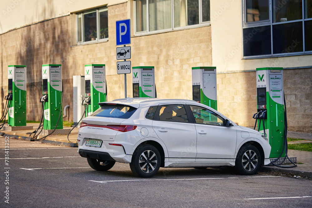 Minsk, Belarus. Apr 7, 2024. White BYD E2 at charge station. Parked ...