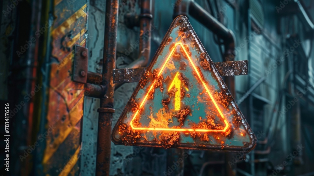 Red neon hazard warning attention sign with exclamation mark symbol ...