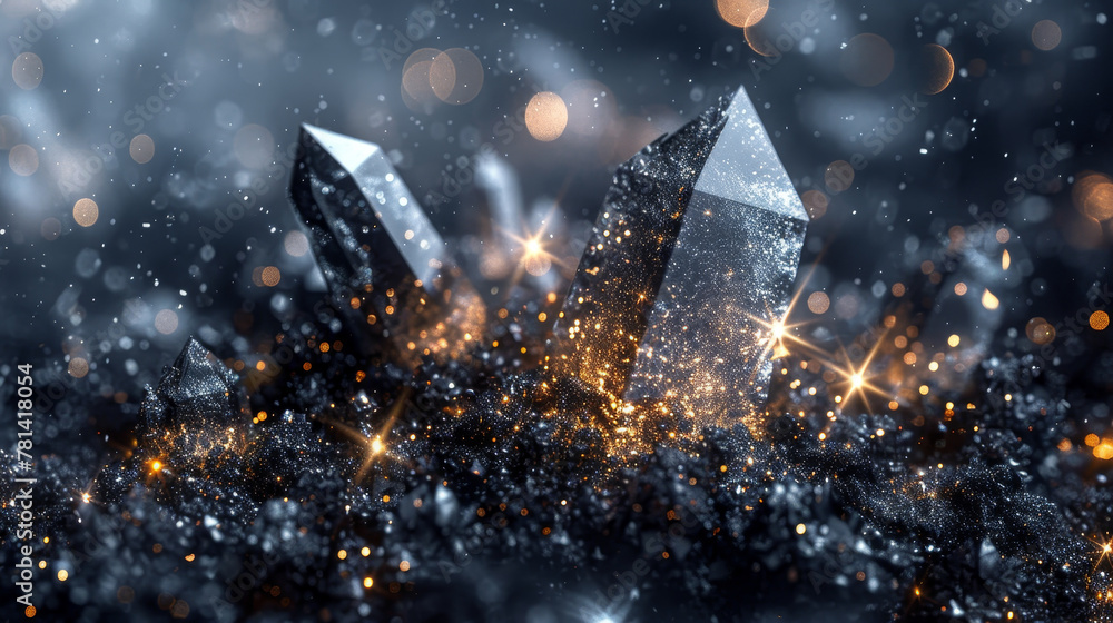 A radiant cluster of crystals illuminated under a beam of light against ...