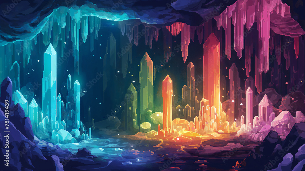 pixel art of rainbow crystal cave dungeon background battle scene in ...