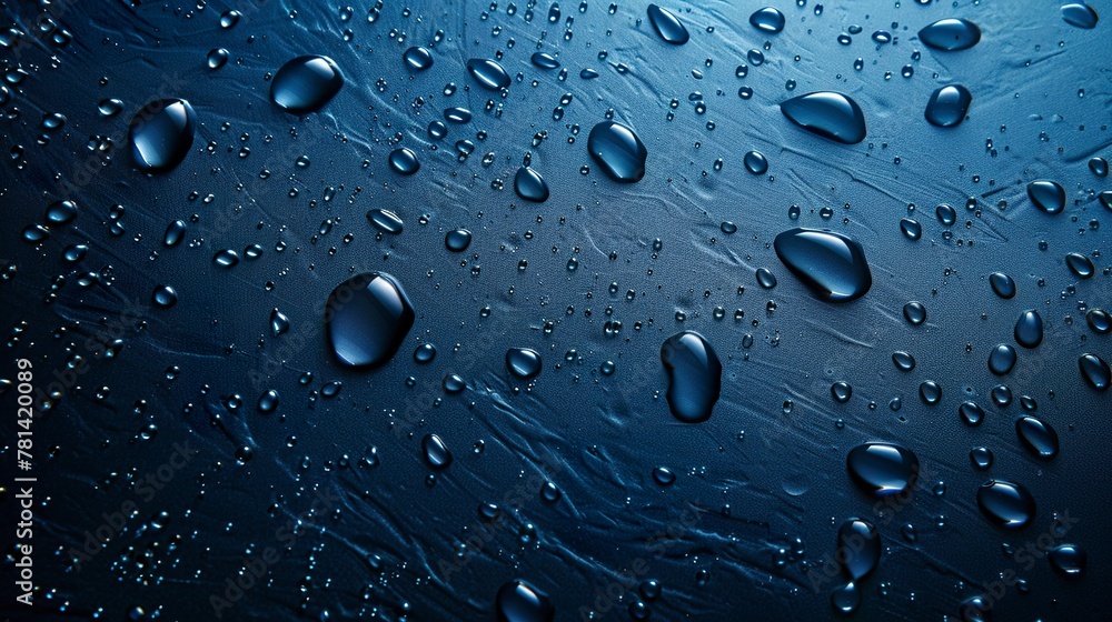 Dark blue background with water drops creating a captivating contrast ...
