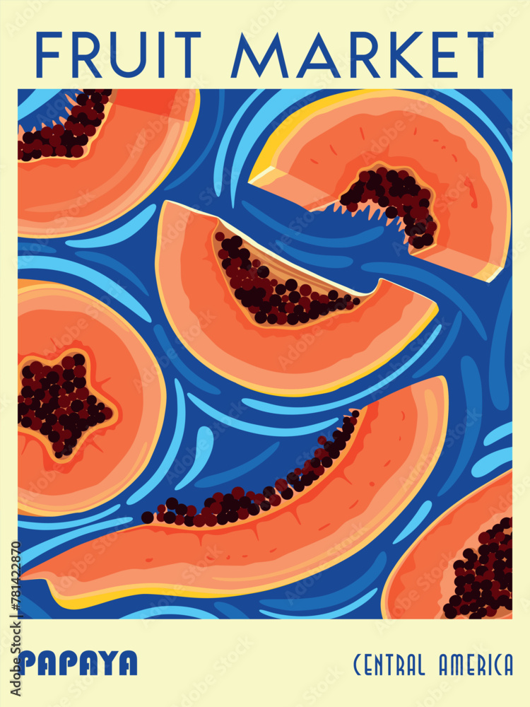 Papaya Fruit Market retro poster. Handmade drawing vector illustration ...