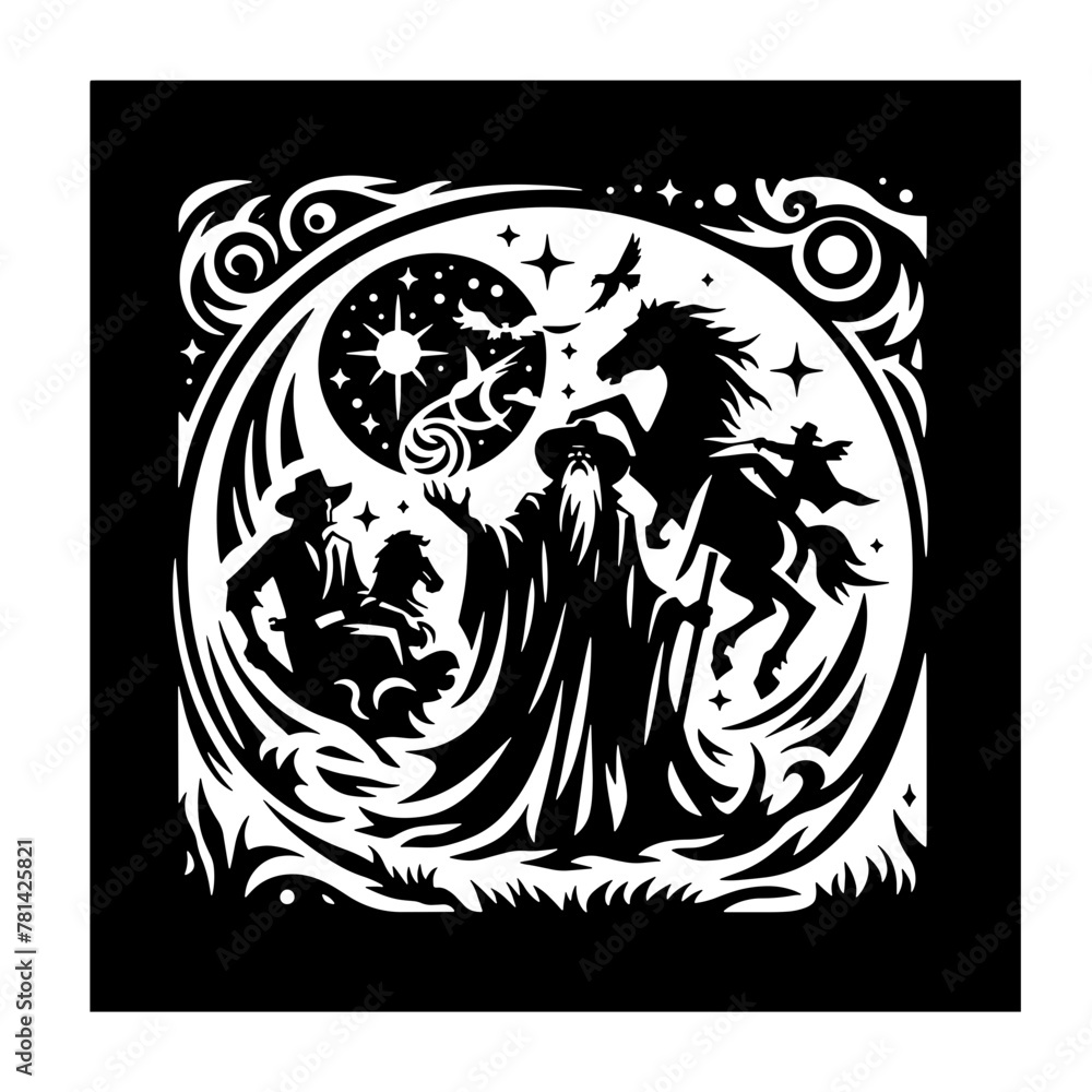 Cartoon Black and White Isolated Illustration Vector Of A Wizard ...