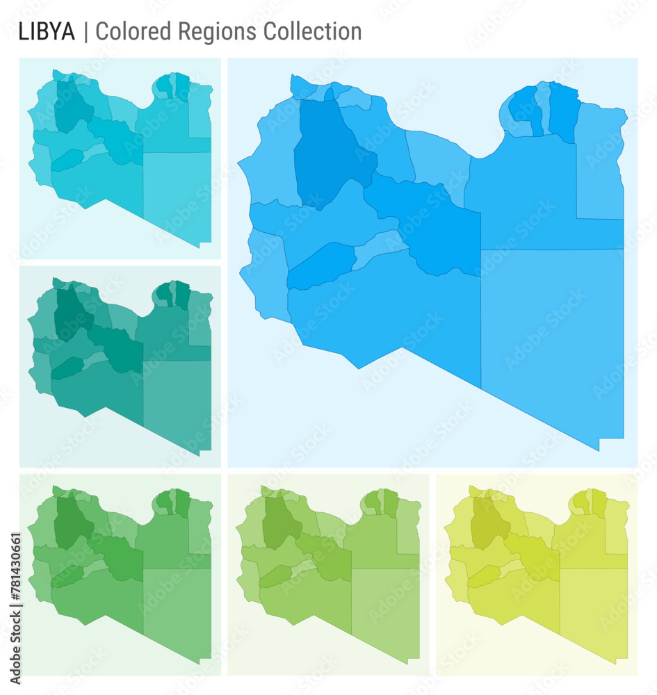 Libya map collection. Country shape with colored regions. Light Blue ...