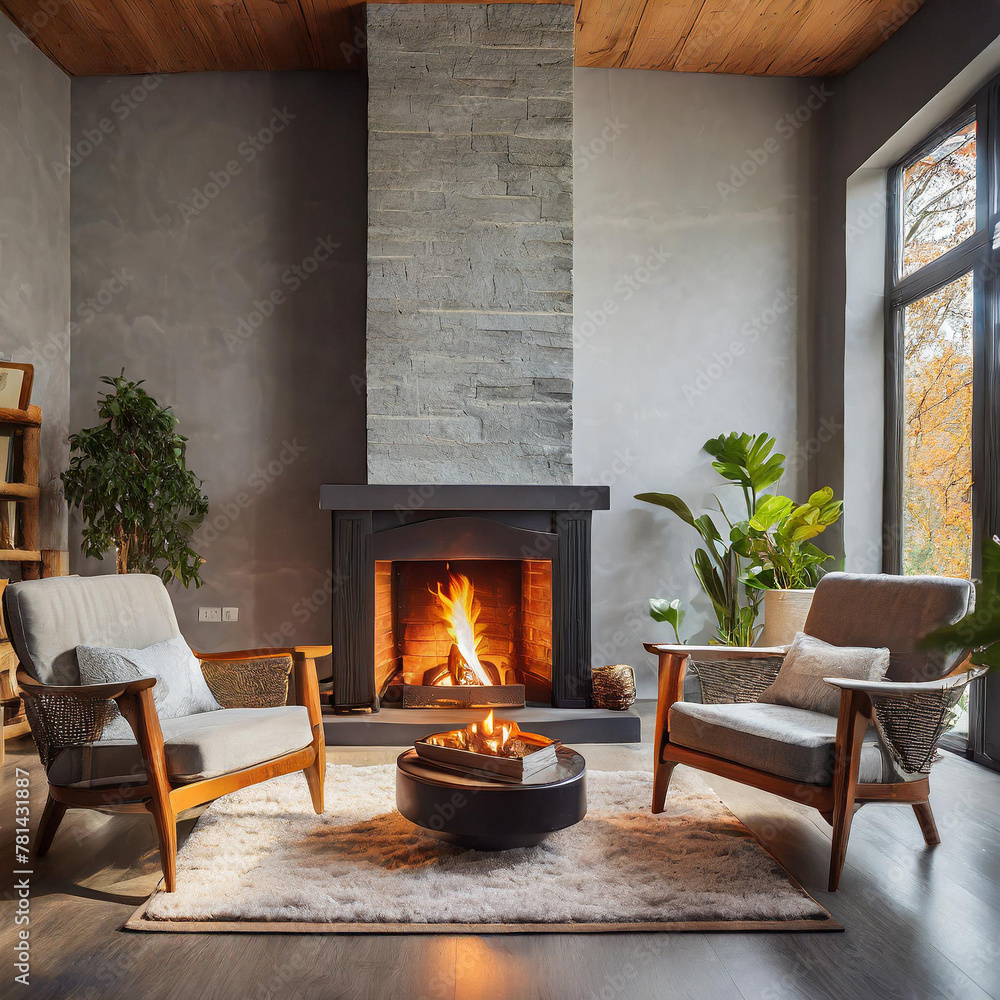 Interior de casa lujosa con chimenea encendida con sillones y grandes ...