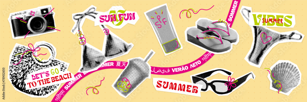 summer halftone collage, set of retro style beach icons. girly mood of ...