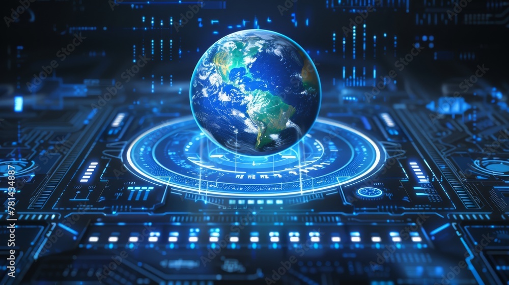 Control center panel with Earth globe 3D and business graphs interface ...