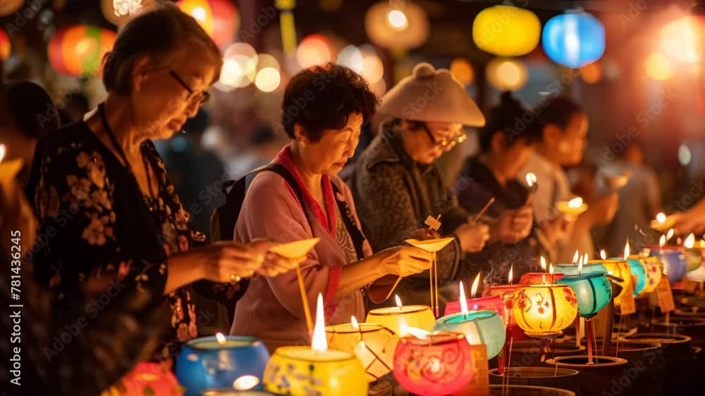 A photo of Devotees gathered at temples adorned with colorful lanterns ...