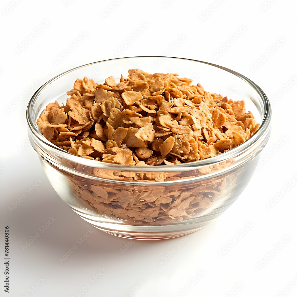 Food photo of Crunchy bran flakes cereal in a glass bowl. High ...