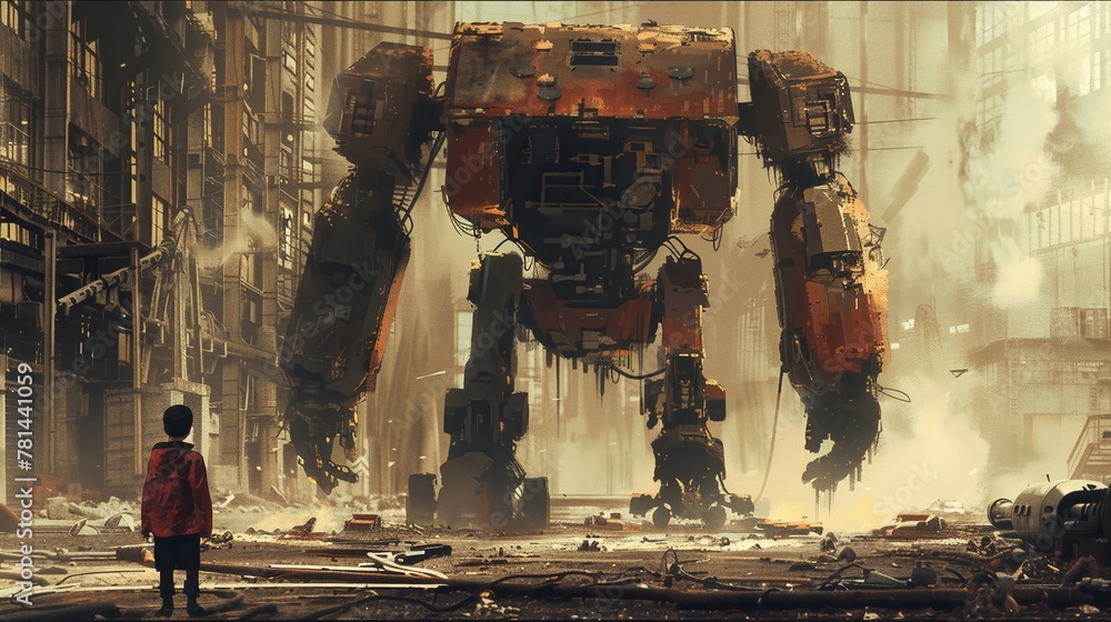 A young man is strolling towards the damaged colossal mechanical being ...
