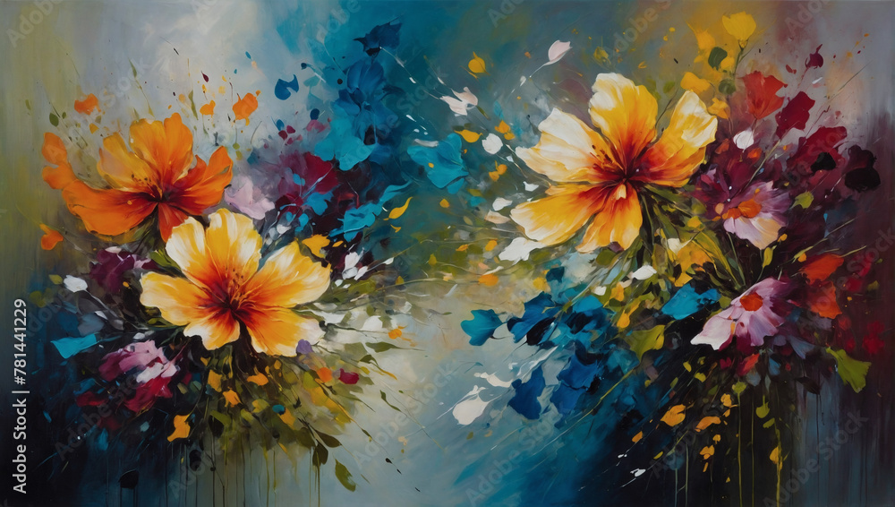 Abstract oil painting of flowers in full bloom, their colors and shapes ...