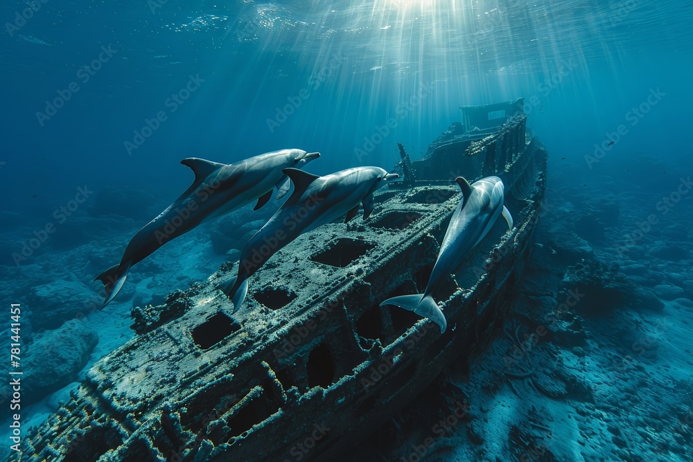 Majestic dolphins gracefully swimming around ancient sunken vessels in ...