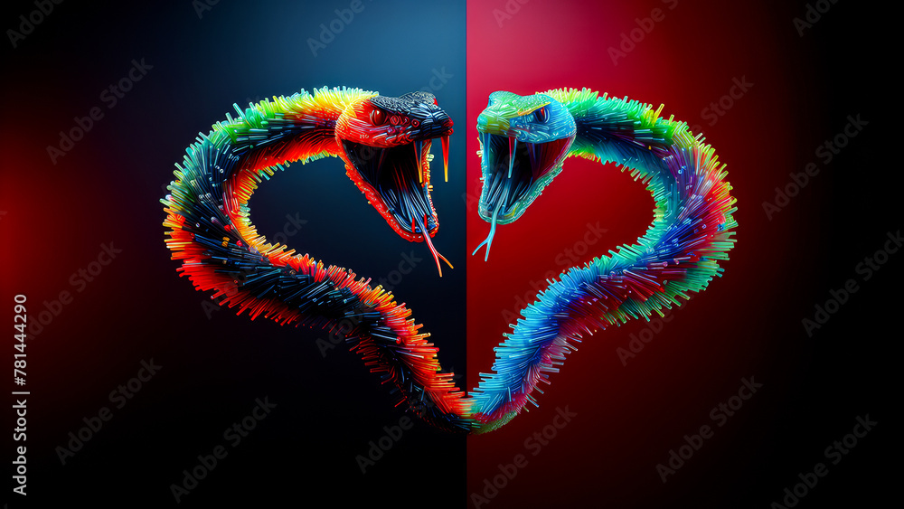 Hate and Love. Two threatening plastic snakes forming a heart shape ...