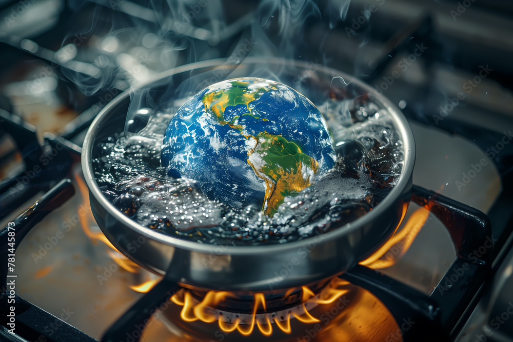 Earth globe of the planet boiling in hot water of a pan on the fire of ...