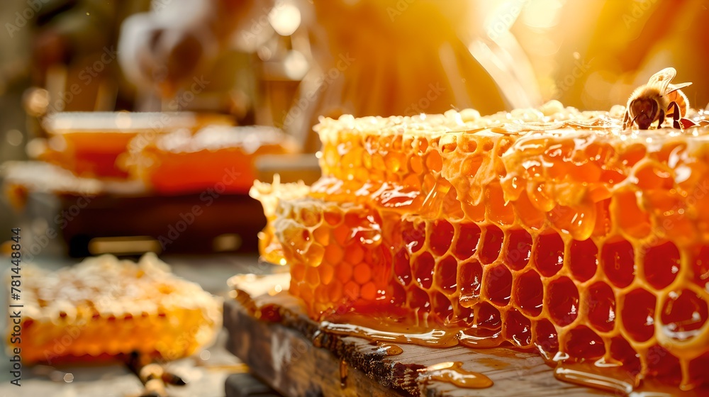 Golden honeycomb glistening in sunlight, fresh harvest on table. Close ...