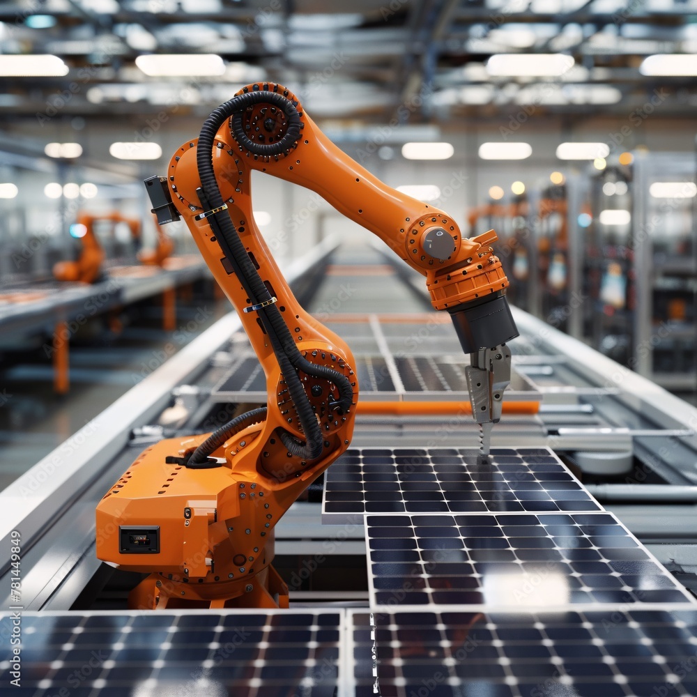 Innovative technology in action An orange industrial robot arm ...