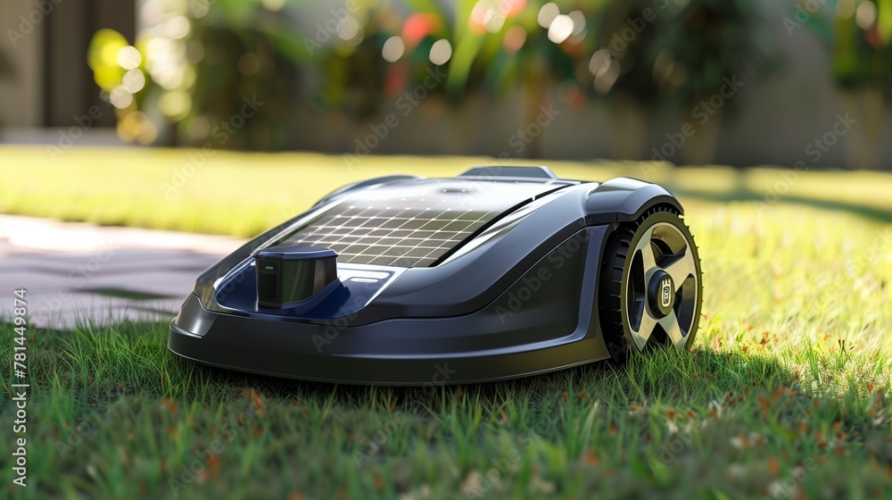 A modern, autonomous robot lawn mower glides through thick, vibrant ...