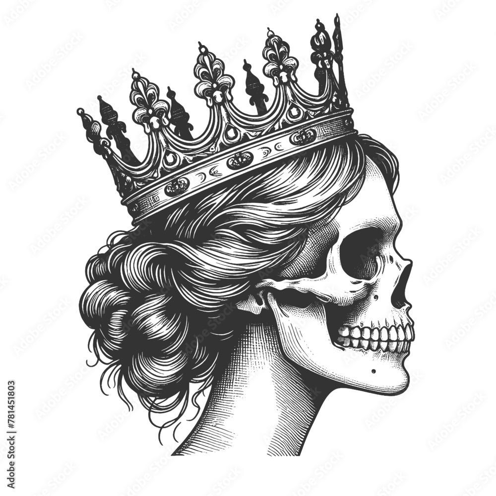 human skull crowned with a regal tiara and framed by flowing hair ...