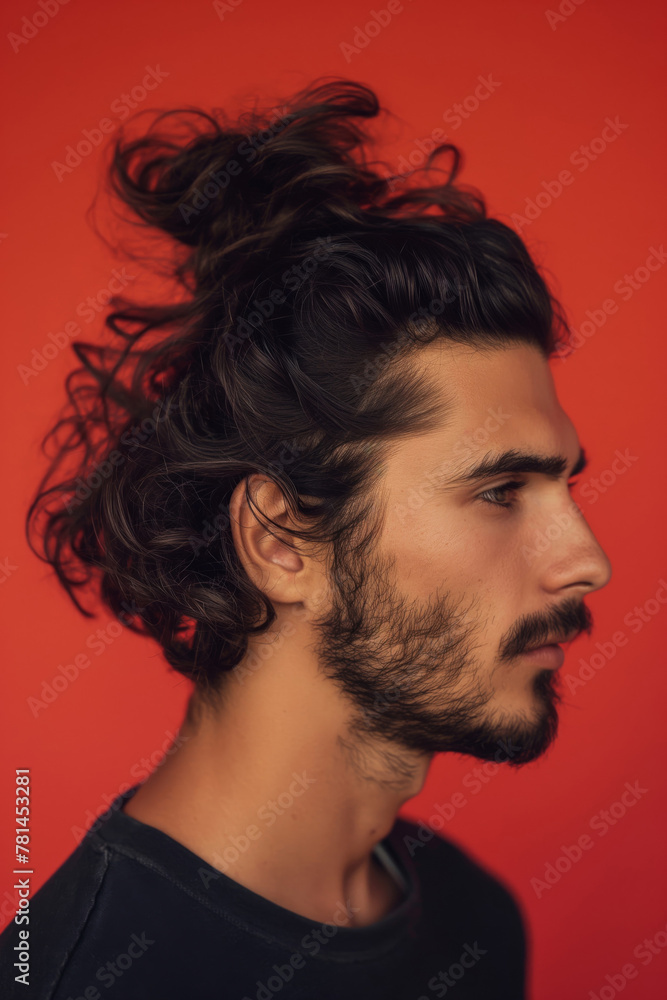 Profile of a stylish man with a scruffy top knot against a vibrant red ...