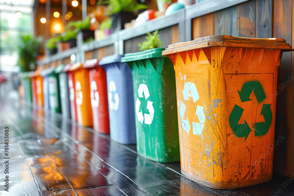 A row of brightly colored trash cans lined up next to each other in an ... A row of brightly colored trash cans lined up next to each other in an ...