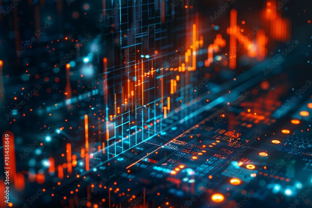Economic downturn visualized as a descending graph amidst blue tech ...