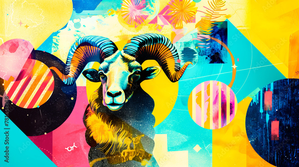 Abstract collage of the Aries zodiac sign, a ram head and geometric ...