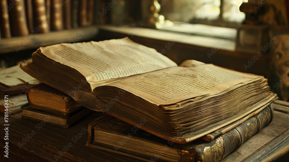 Large age worn tome of poetry lies open on robust oak table, pages ...