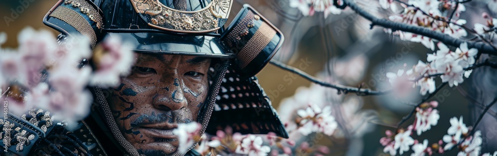 Foto de Serious samurai warrior close-up with cherry blossoms ...