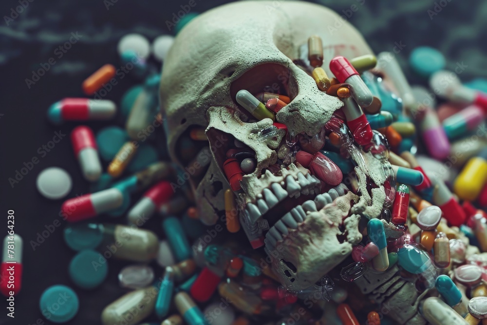 Human Skull Surrounded by Pills and Medications, A surreal portrayal of ...
