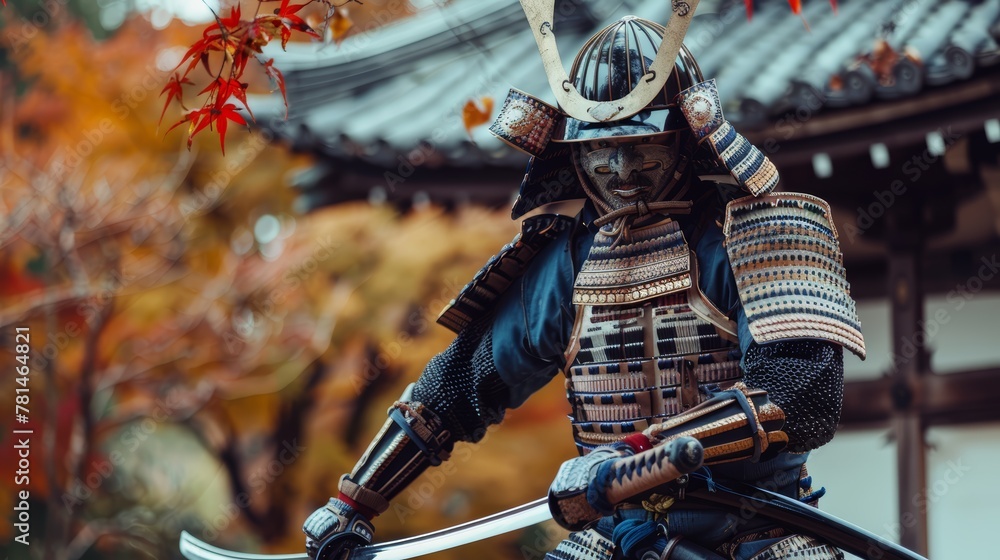 Samurai warrior in full armor with katana in a traditional Japanese ...