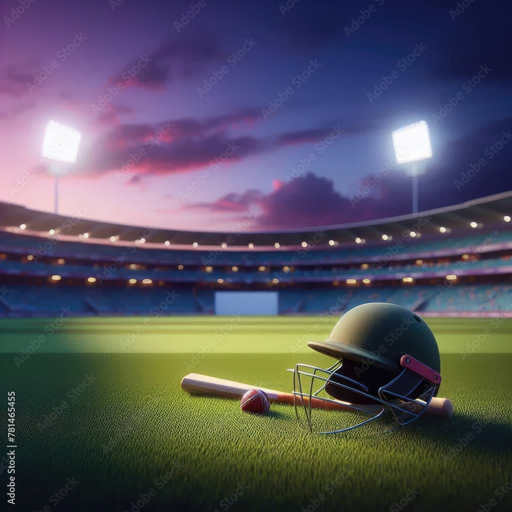 Cricket helmet and bat on grass of cricket stadium. View of cricket ...