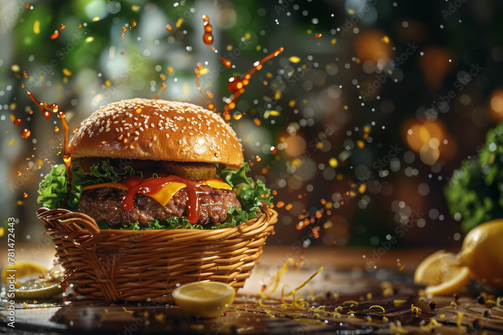 An explosion of flavor is captured as a juicy burger with vibrant ...