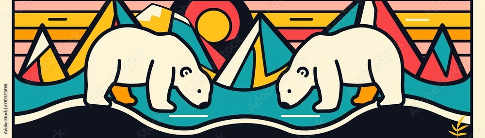 Illustration of melting polar ice caps with polar bears on shrinking ...