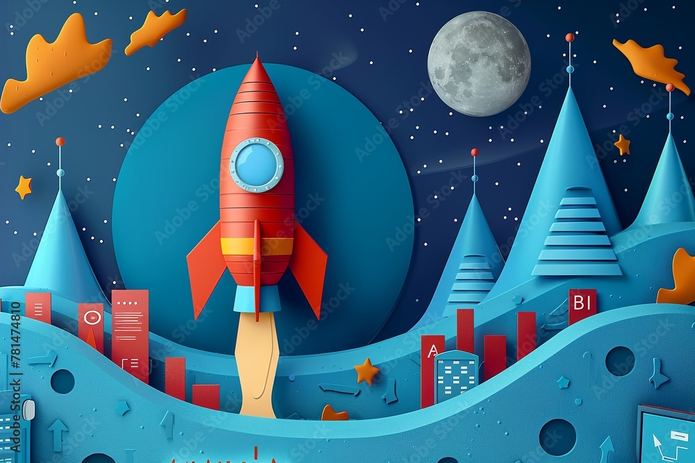 Rocket labeled BTC taking off over a curve of rising stock charts, moon ...