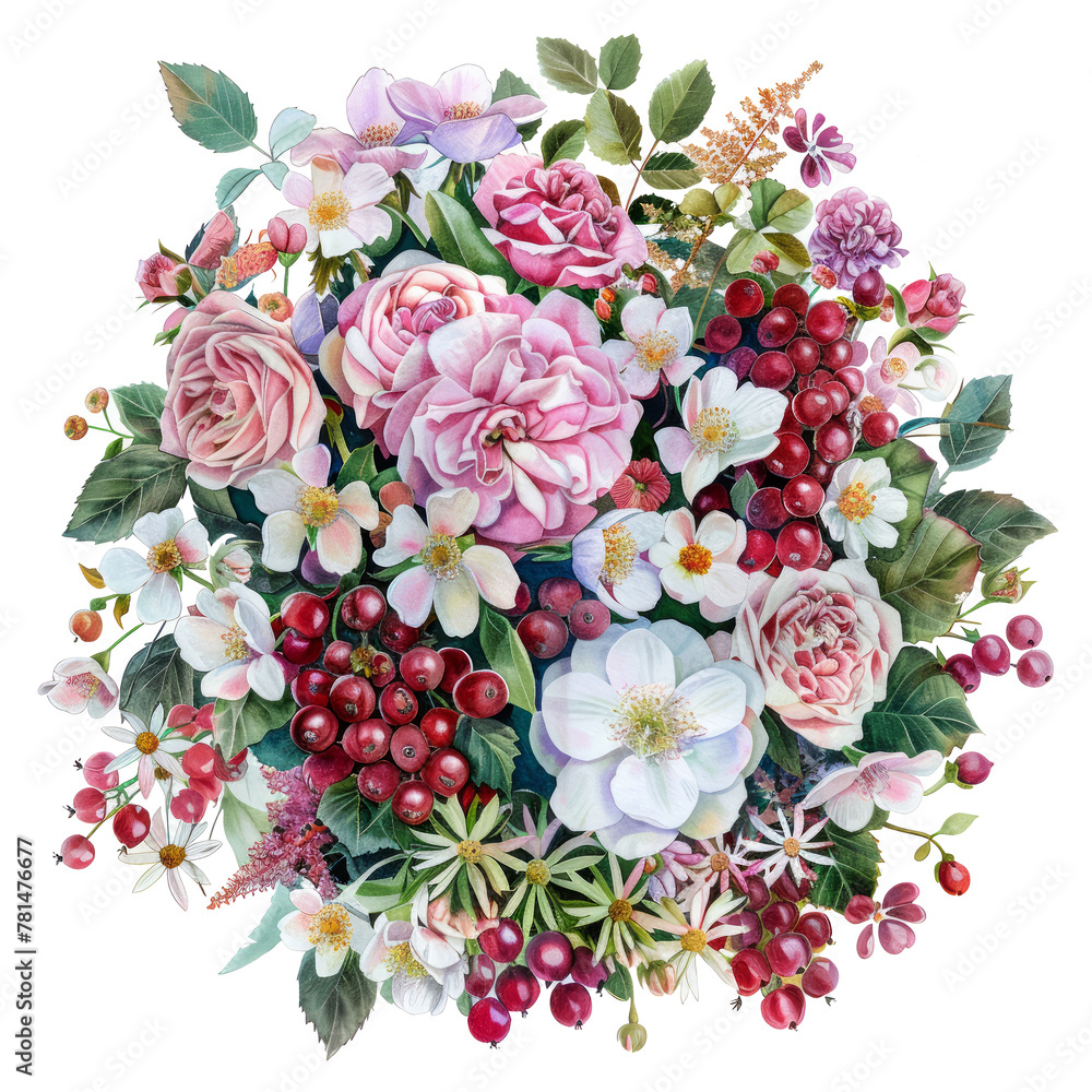 bouquet rotondo stile acquerello di violette bianche, rose rosa, bacche ...