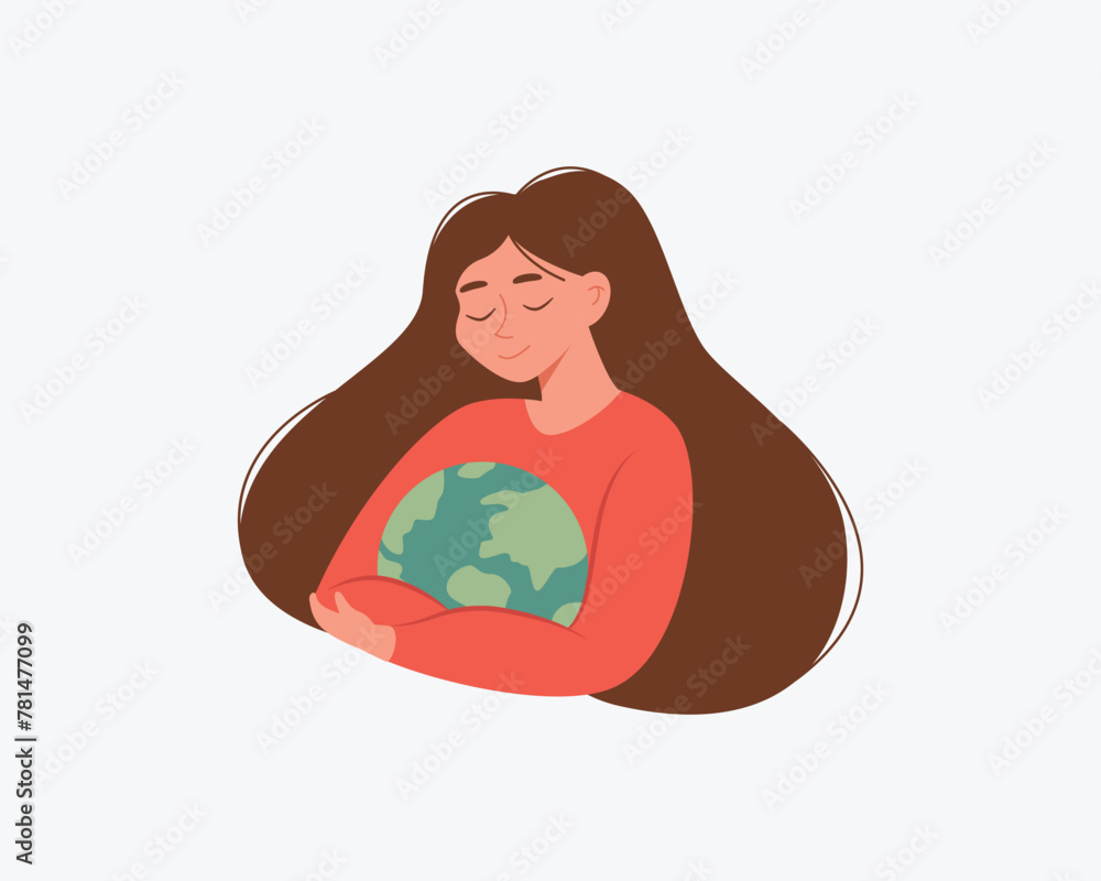 Happy Earth day. Female character holding globe like a baby. Hugging ...
