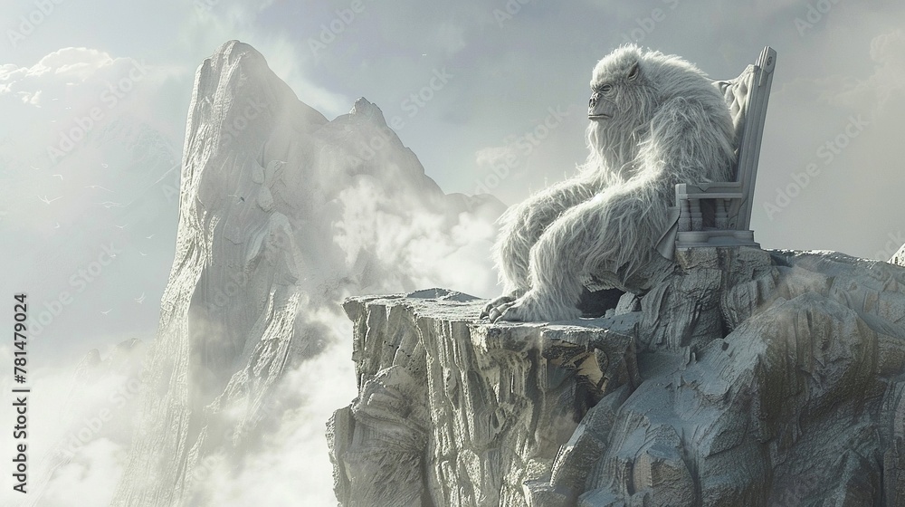 A 3D rendering of a yeti sitting at a grand throne atop a cliff ...