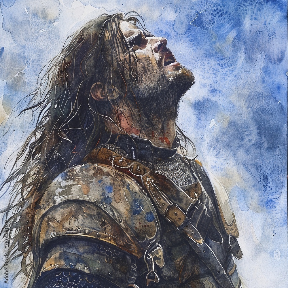 Watercolor painting capturing the eerie medieval spirit of a champion ...