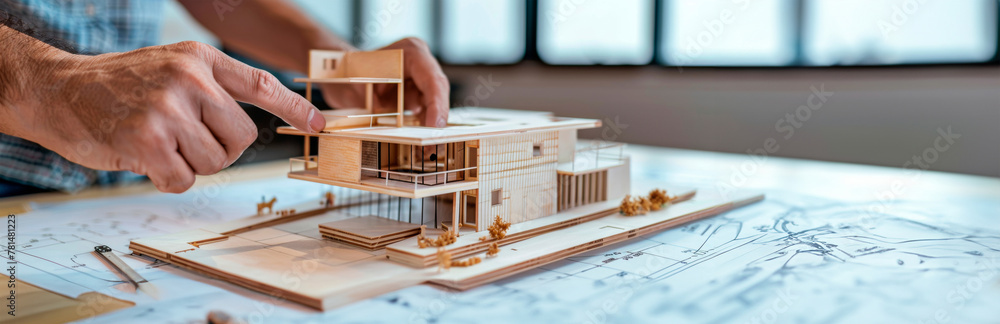 Architectural model building, hands adjust miniature wooden house ...