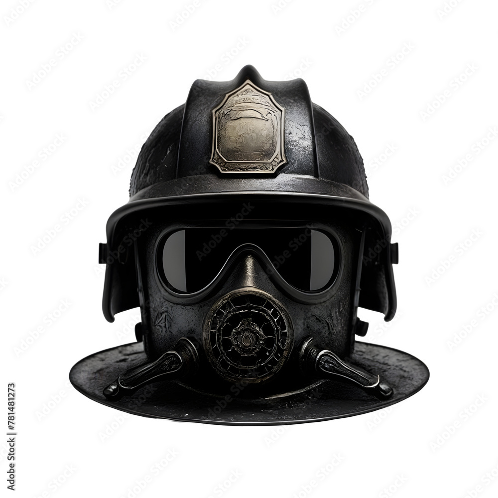 Charred black firefighter helmet with shield on a transparent ...