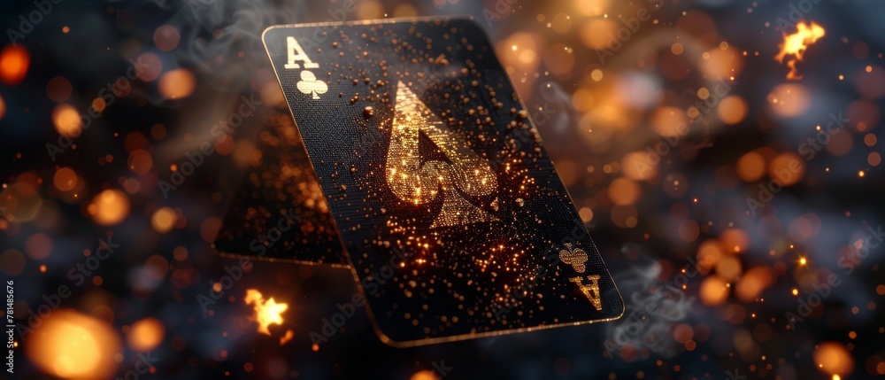 Floating black Ace card, gold lettering, in air, rendered in Vray with ...