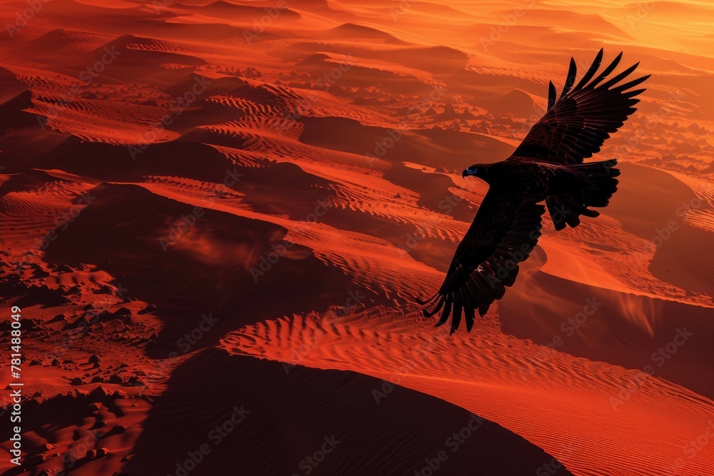 A majestic eagle soaring above the red Martian dunes casting a shadow ...