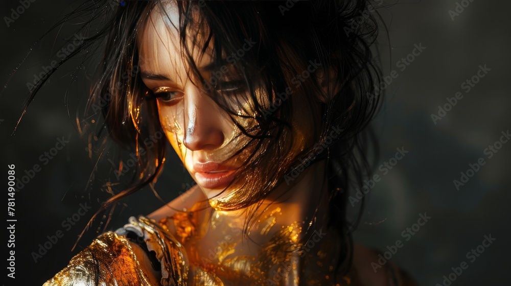 Artistic photo capturing a 30 year old woman with disheveled dark hair ...