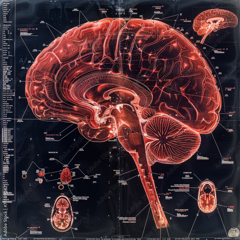 A close up of a brain with a red outline. The brain is shown in detail ...