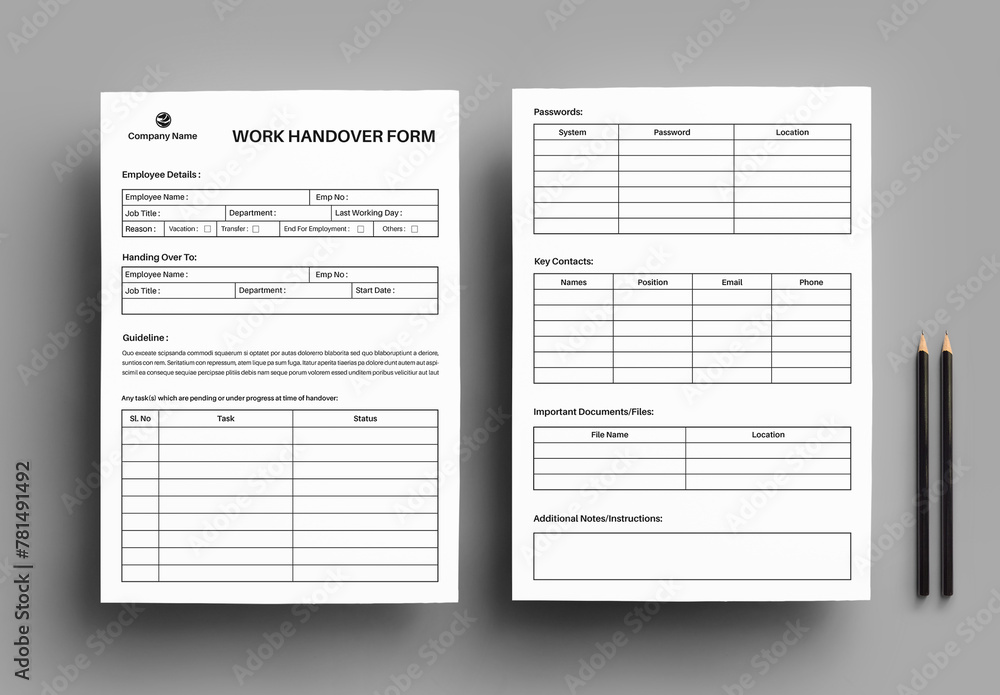 Work Handover Form Template Stock Template | Adobe Stock