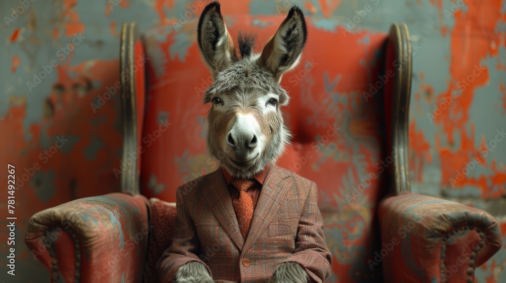 Stylized image of a donkey head on a human body dressed in a tailored ...