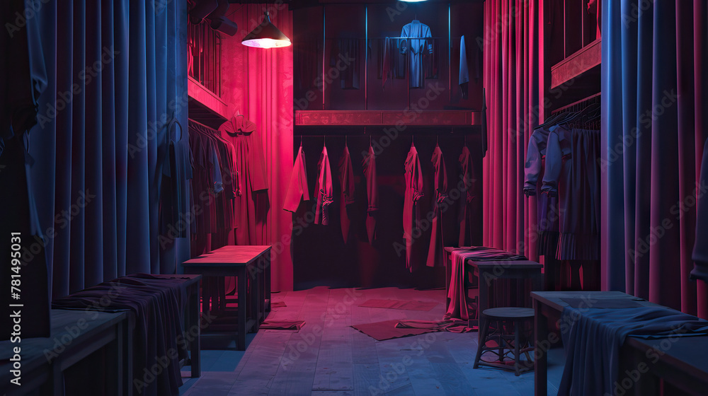 Vacant Theater Backstage: Unused Costumes, Silent Prop Tables, and ...